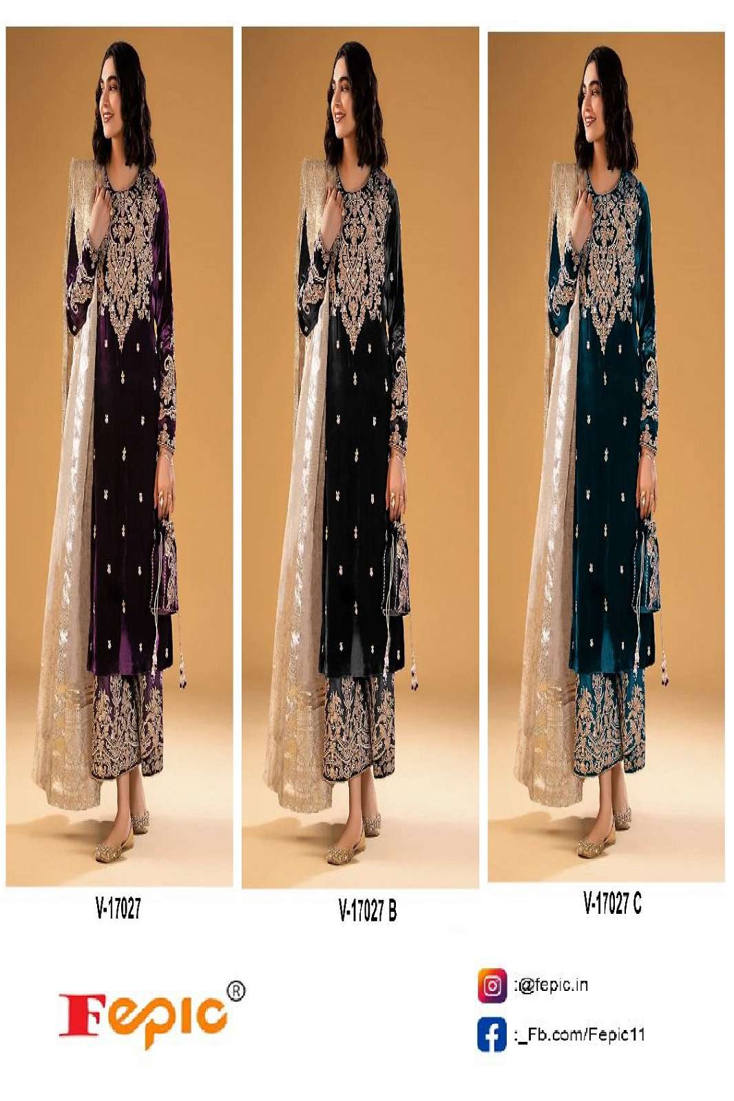 FEPIC V 17027 A TO C SEMI STICHED VELVET PAKISTANI SUITS