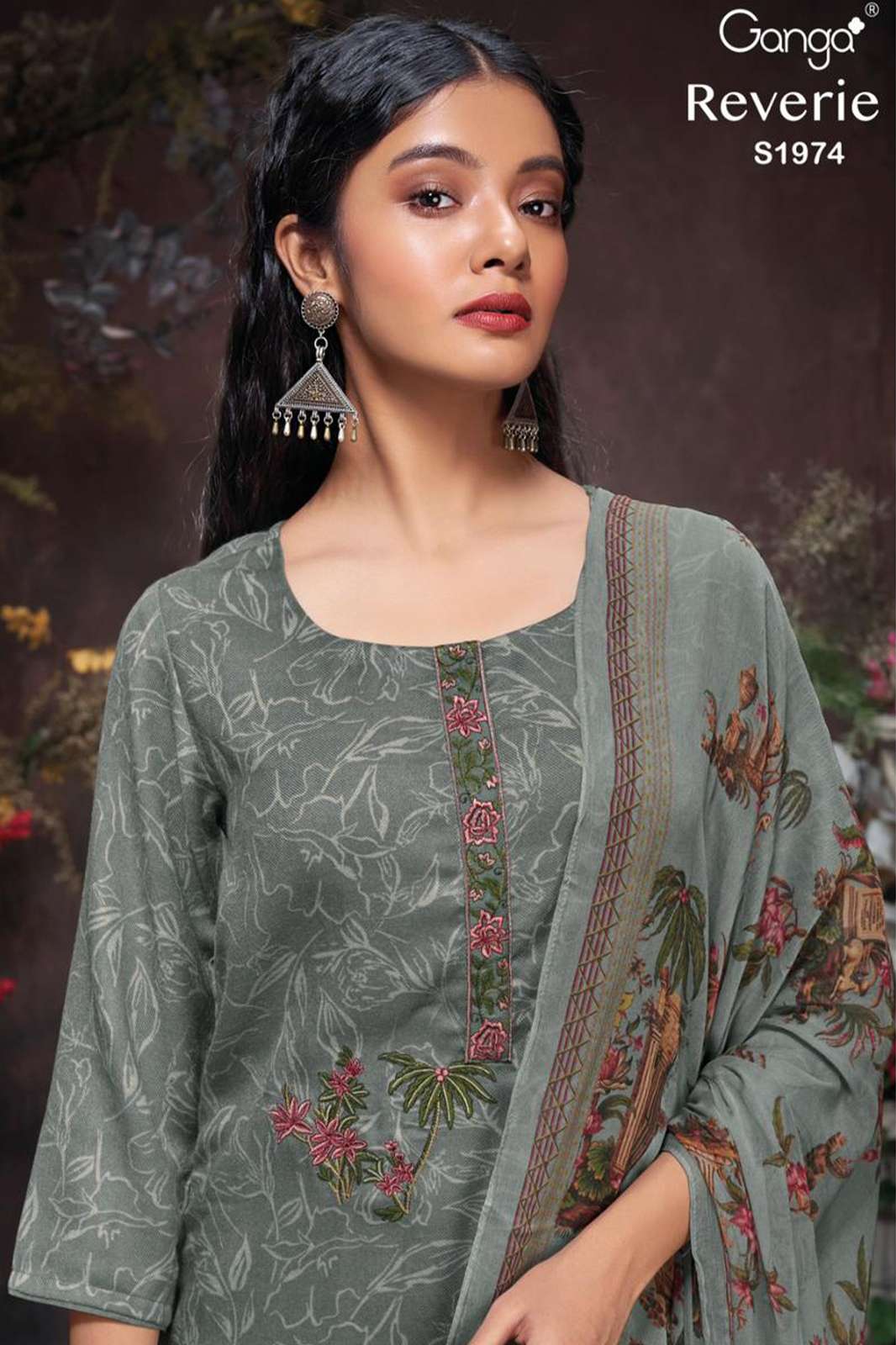GANGA1974 PREMIUM WOOL PASHMINA PRINTED SUIT WITH EMBROIDERY