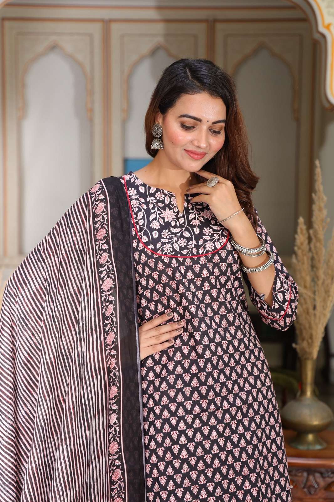 RADHE FASHION BAGRU HAND BLOCK PRINTED KURTI WITH SKIRT AND DUPATTA