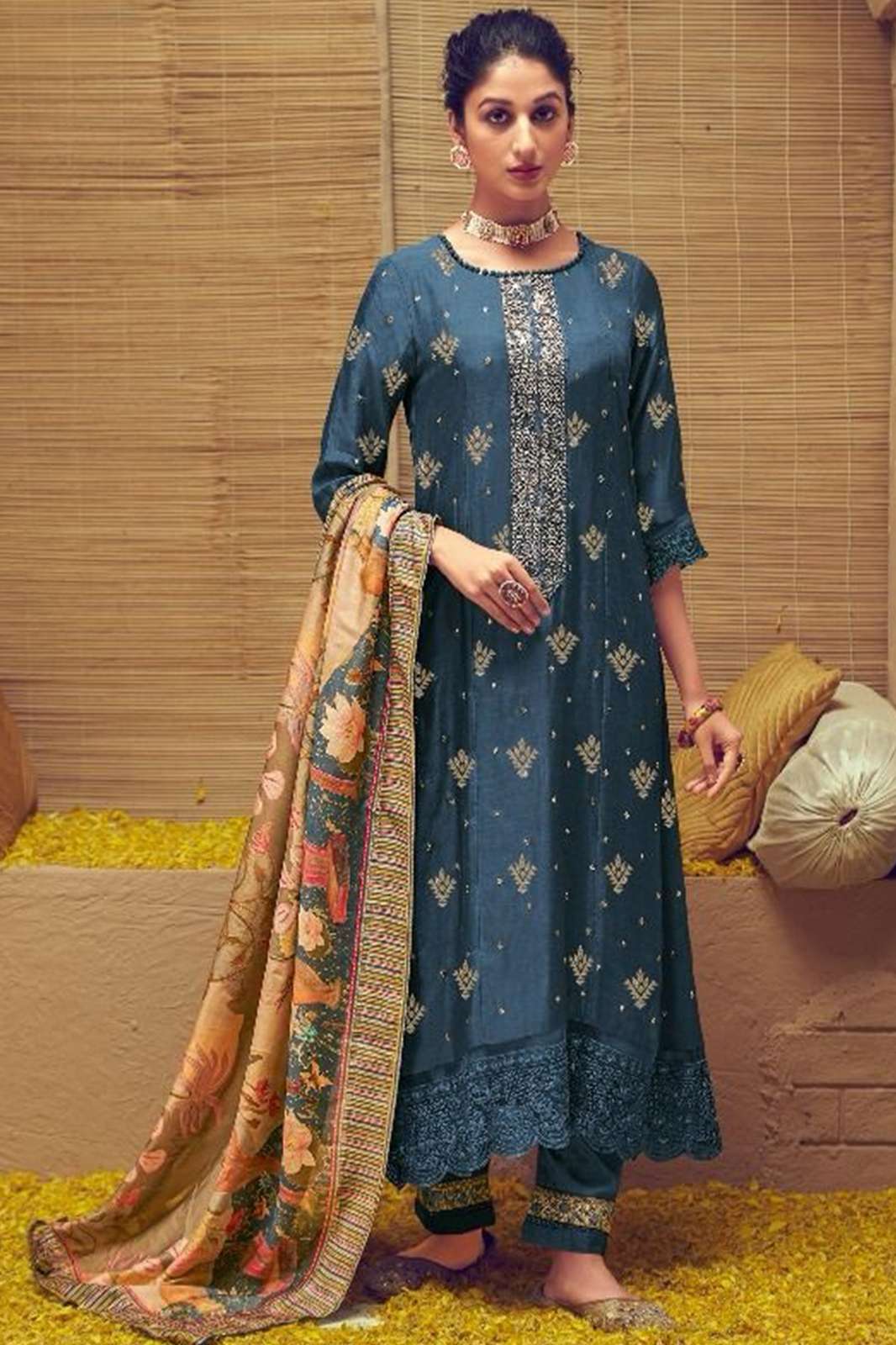 Shri Balaji Emporium PURE MUSLIN JACQUARD SEQUENCE EMBROIDERY WITH EMBROIDERY WORK ON NECK ...