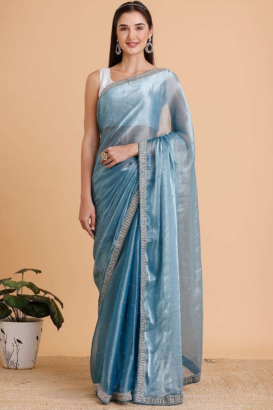 Shri Balaji Emporium Fancy Handwork Saree In Beautiful Blue Color