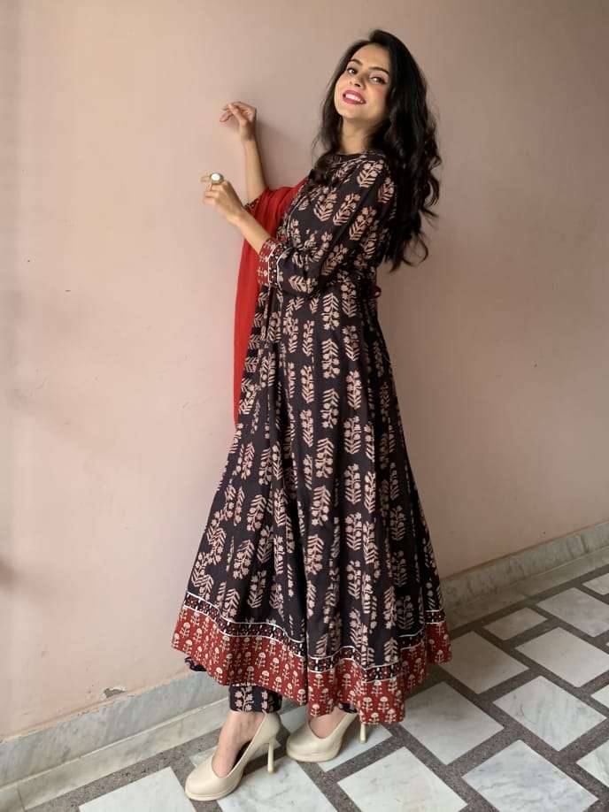 100% cotton Hand block print anarkali kurti set