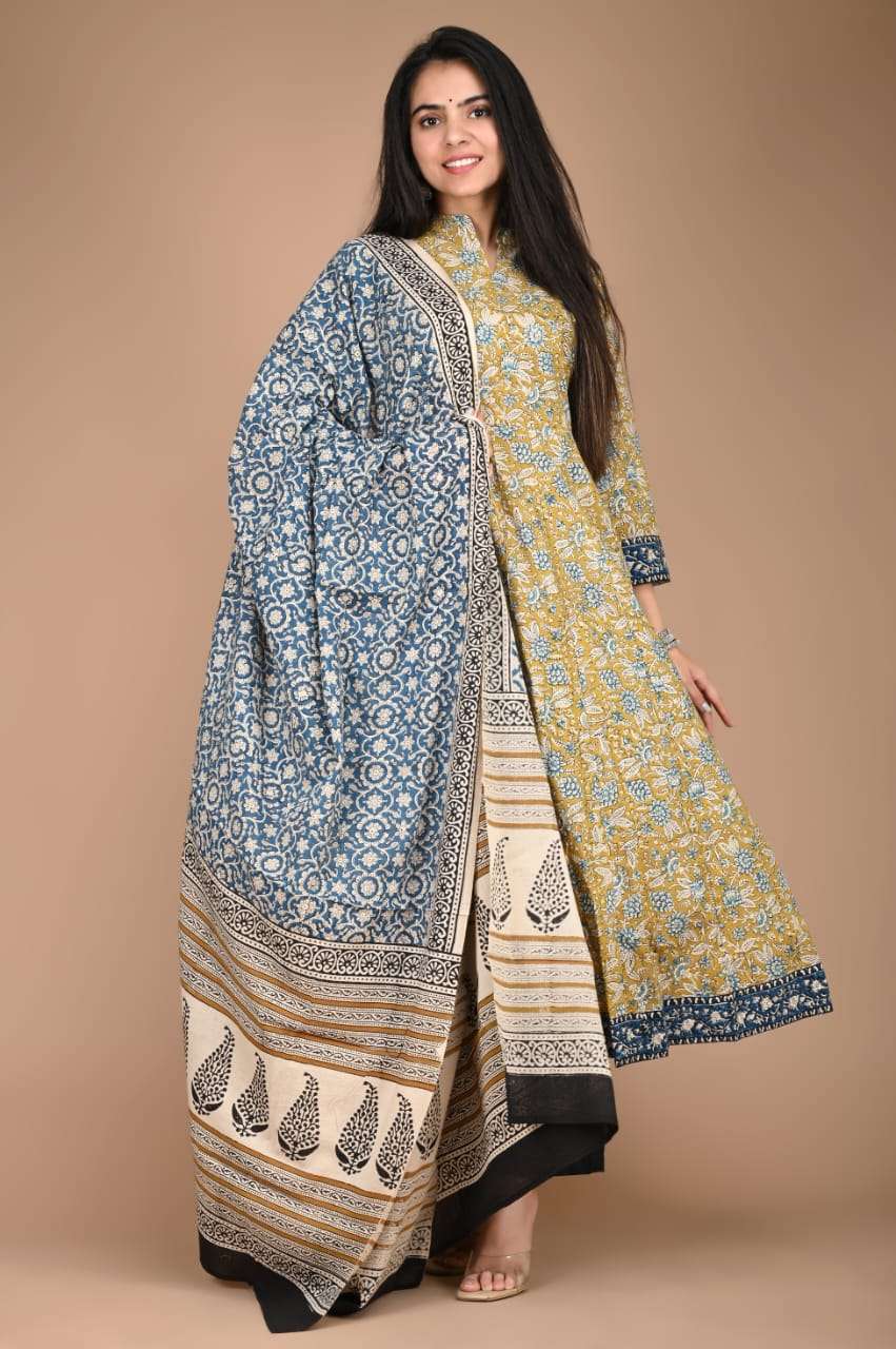 100% cotton Hand block print anarkali kurti set