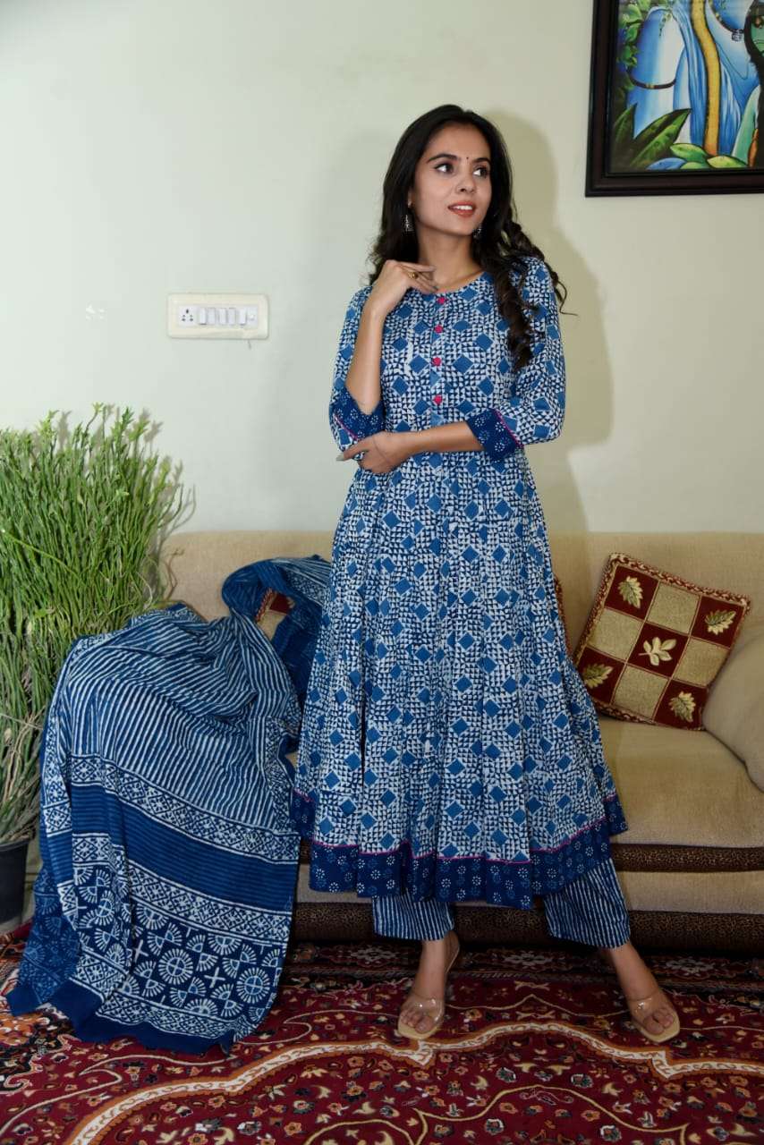 100% cotton Hand block print anarkali kurti set