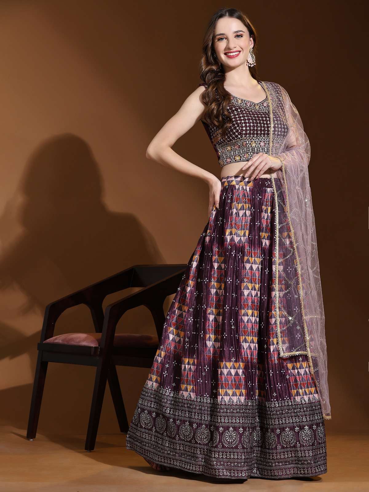 AMOHA C2053 HEAVY DESIGNER CRUSH CHINON IMPORTED FOIL WORK PARTY WEAR WOMEN LEHENGA SET