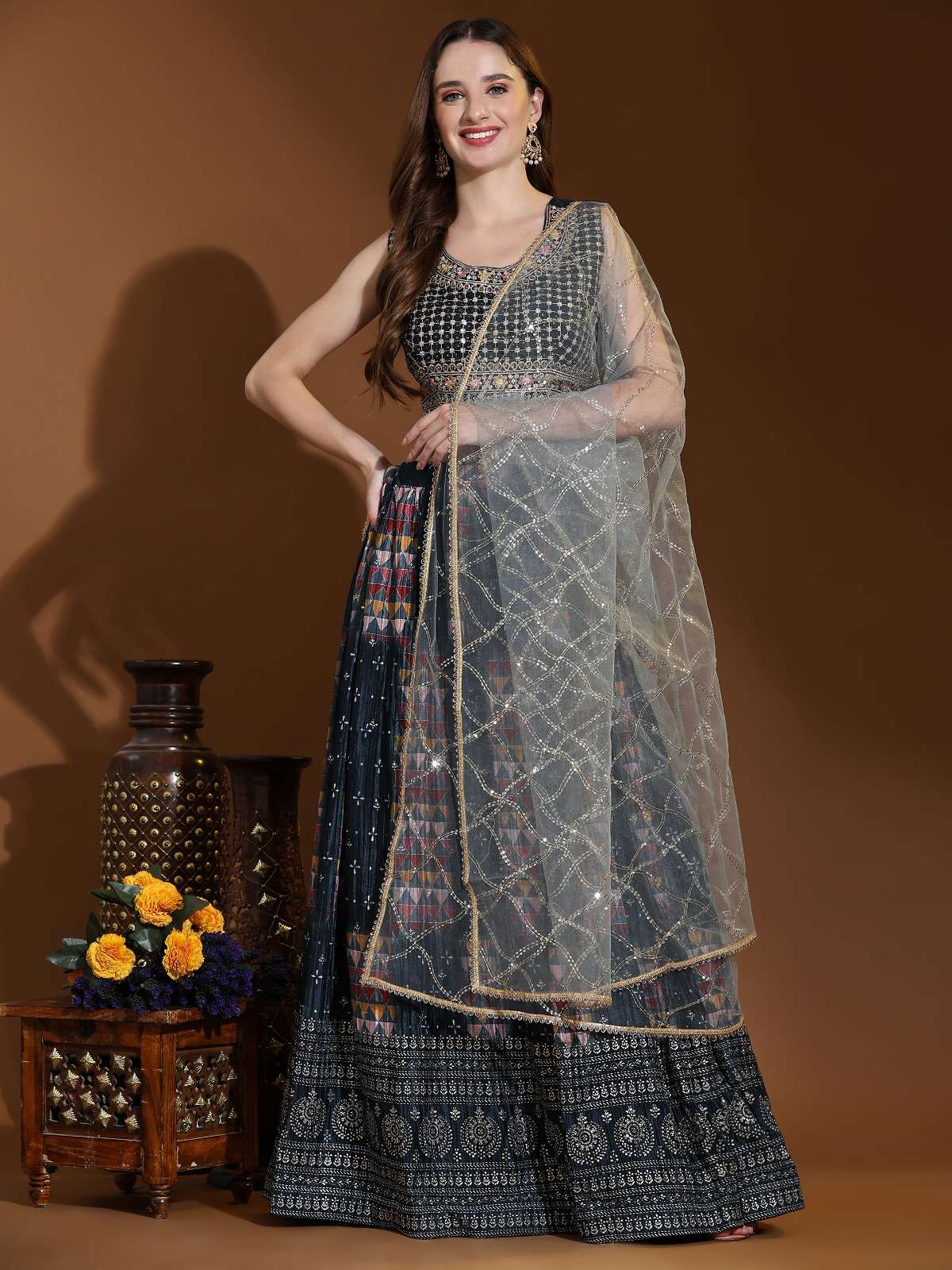 AMOHA C2053 HEAVY DESIGNER CRUSH CHINON IMPORTED FOIL WORK PARTY WEAR WOMEN LEHENGA SET