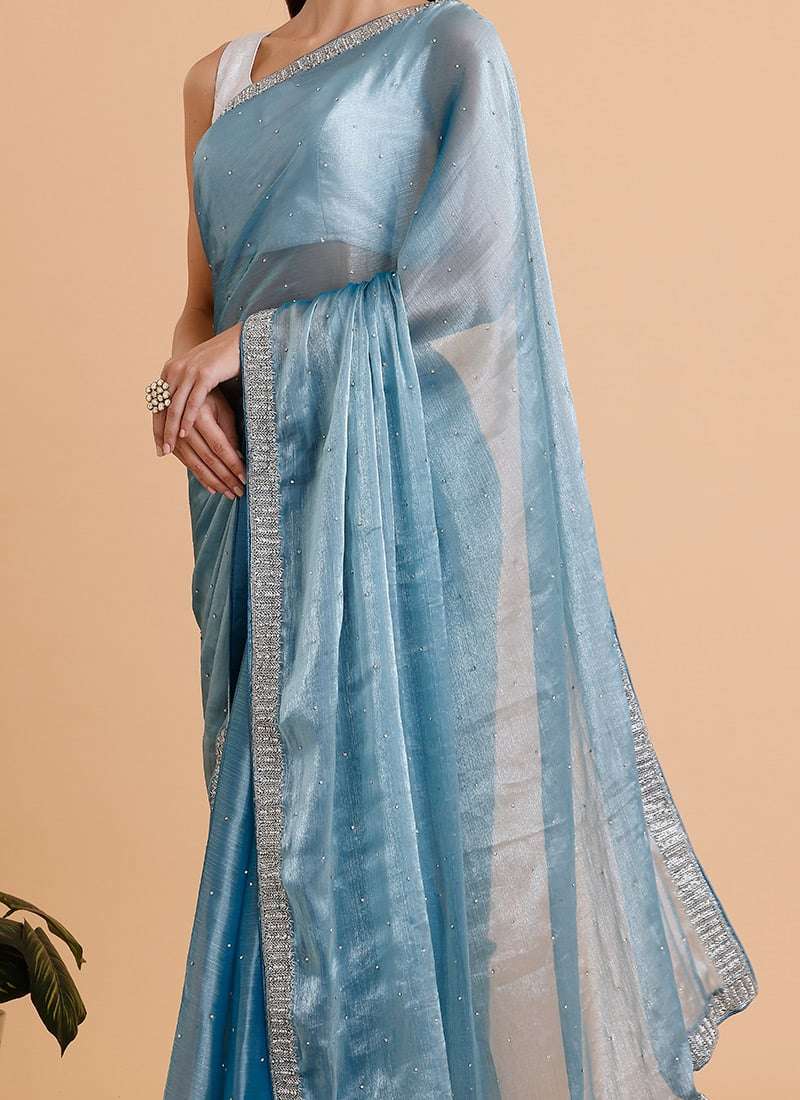 Shri Balaji Emporium Fancy Handwork Saree In Beautiful Blue Color