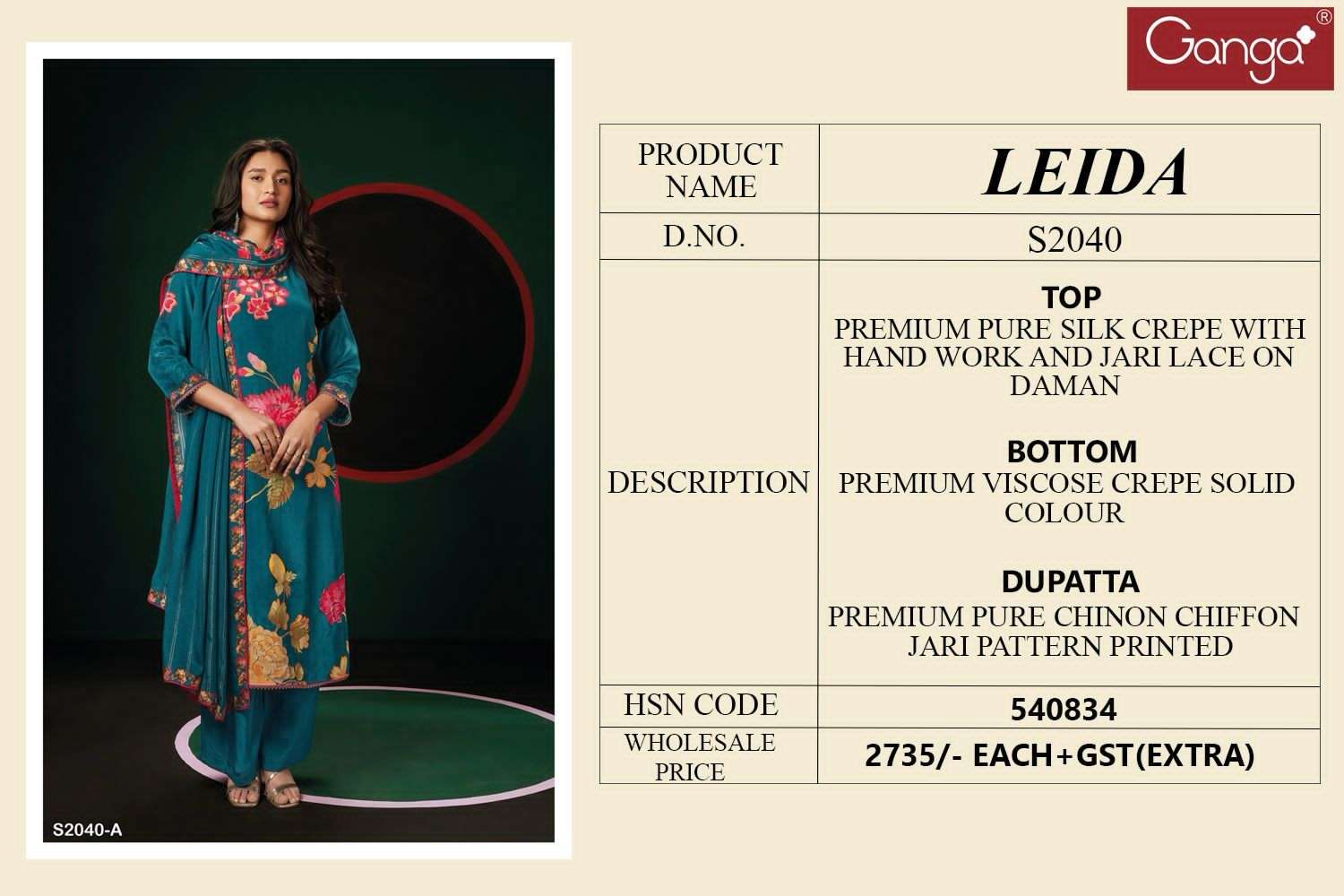 GANGA LEIDA S2040 PREMIUM PURE SILK CREPE SUIT WITH HAND WORK