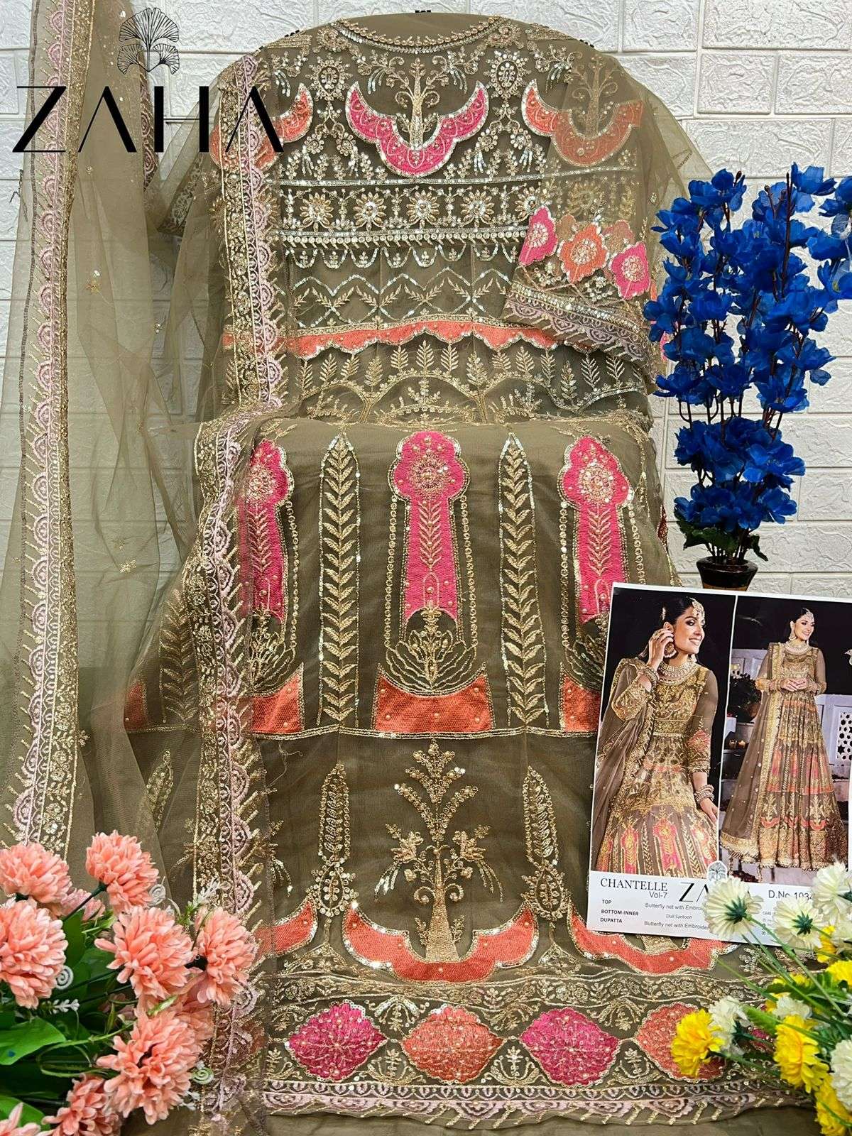 ZAHA 343r CHANTELLE-VOL-7 MOTI WORK DESIGNER BUTTERFLY NET PAKISTANI SUIT