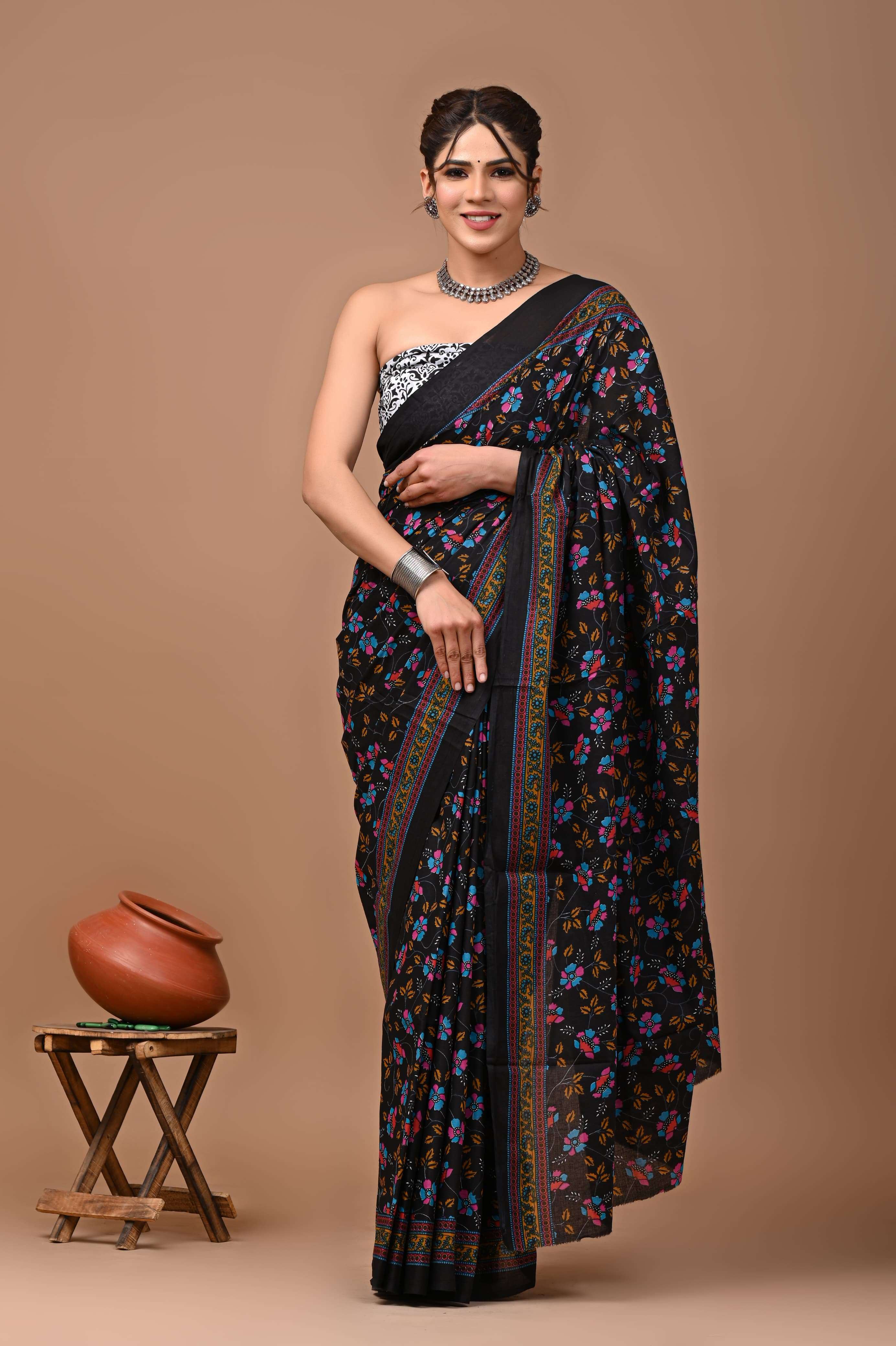 Shri Balaji Emporium 8790A Bagru Block Print Cotton Mulmul Sarees with ...