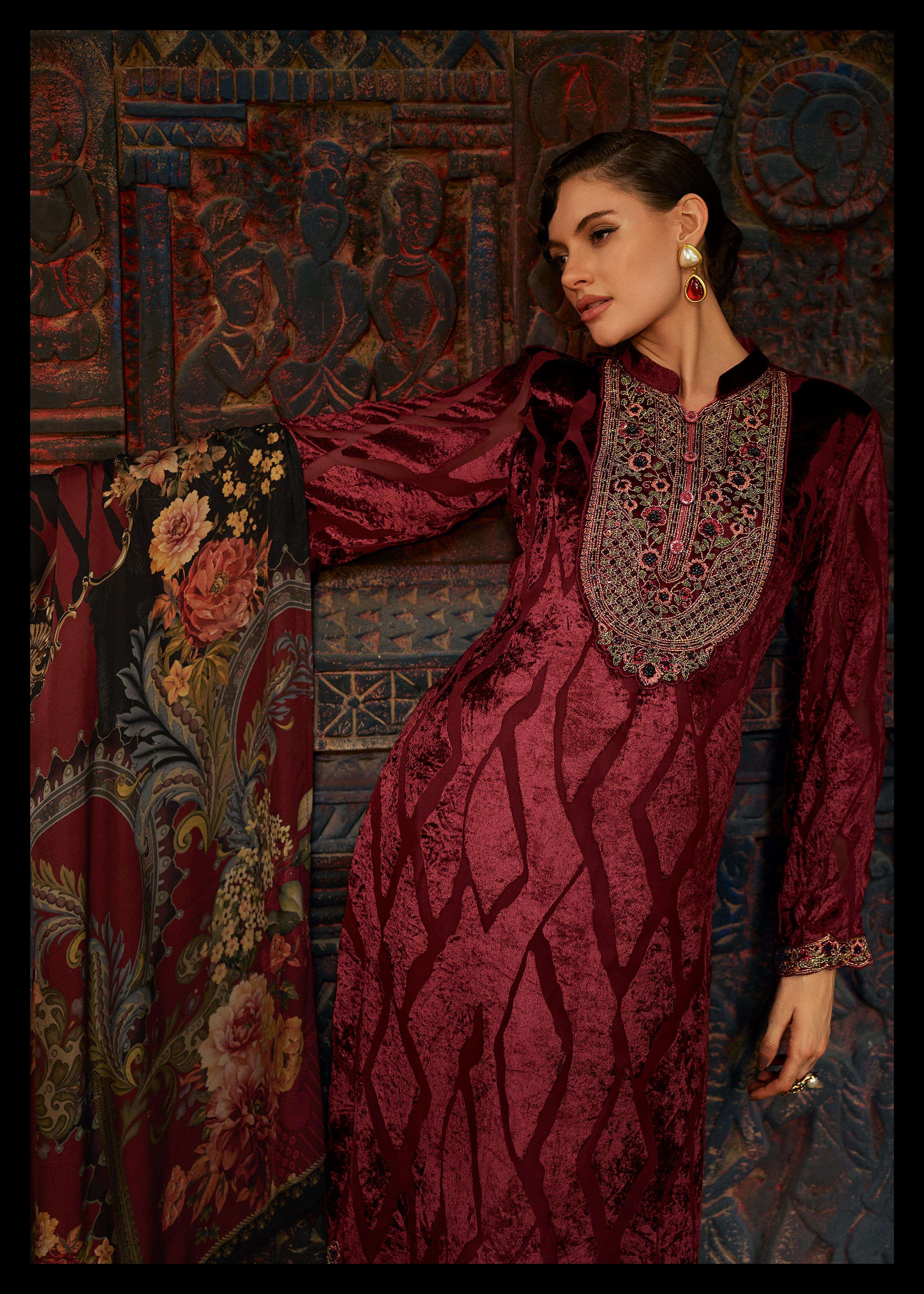 VARSHAA GOLDEN WINTER PALACHI VELVET CLASSIC BEAD EMBROIDERY WORK SUIT