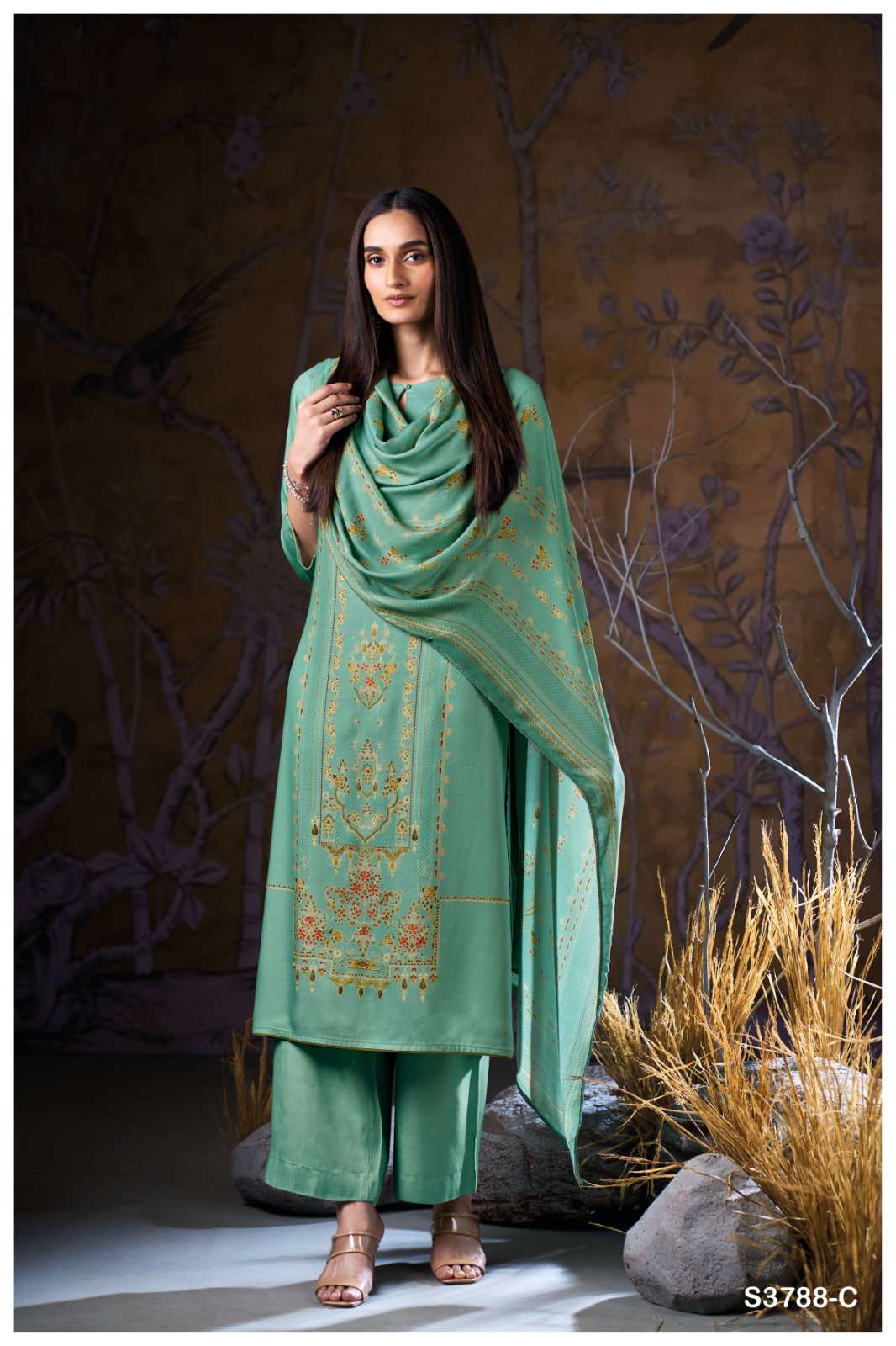 GANGA ARALYN S3788 PREMIUM PURE WOOL PASHMINA SUIT WITH HAND EMBROIDERY