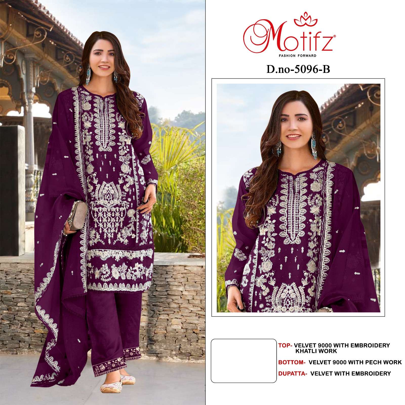Motifz 5096 Beautiful Velvet Pakistani Suit with Embroidery & Khatli Work