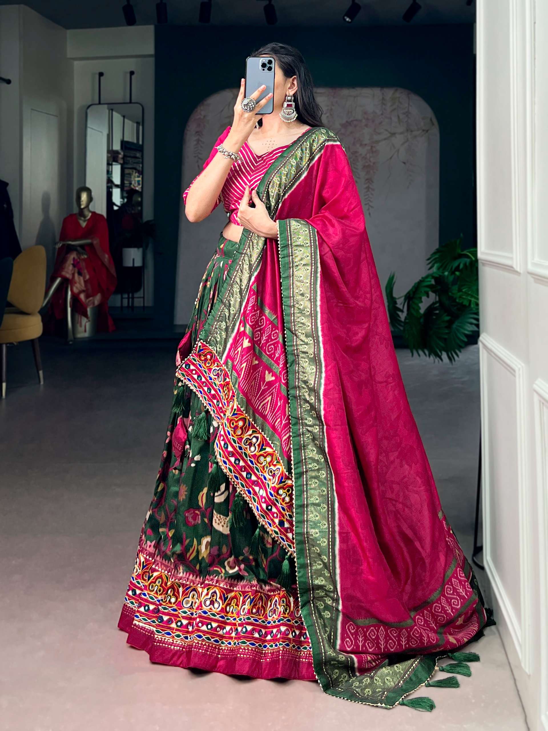 Crazycloths 23017 Tasar Silk Foil Print & Mirror Work Navratri Lehenga ...