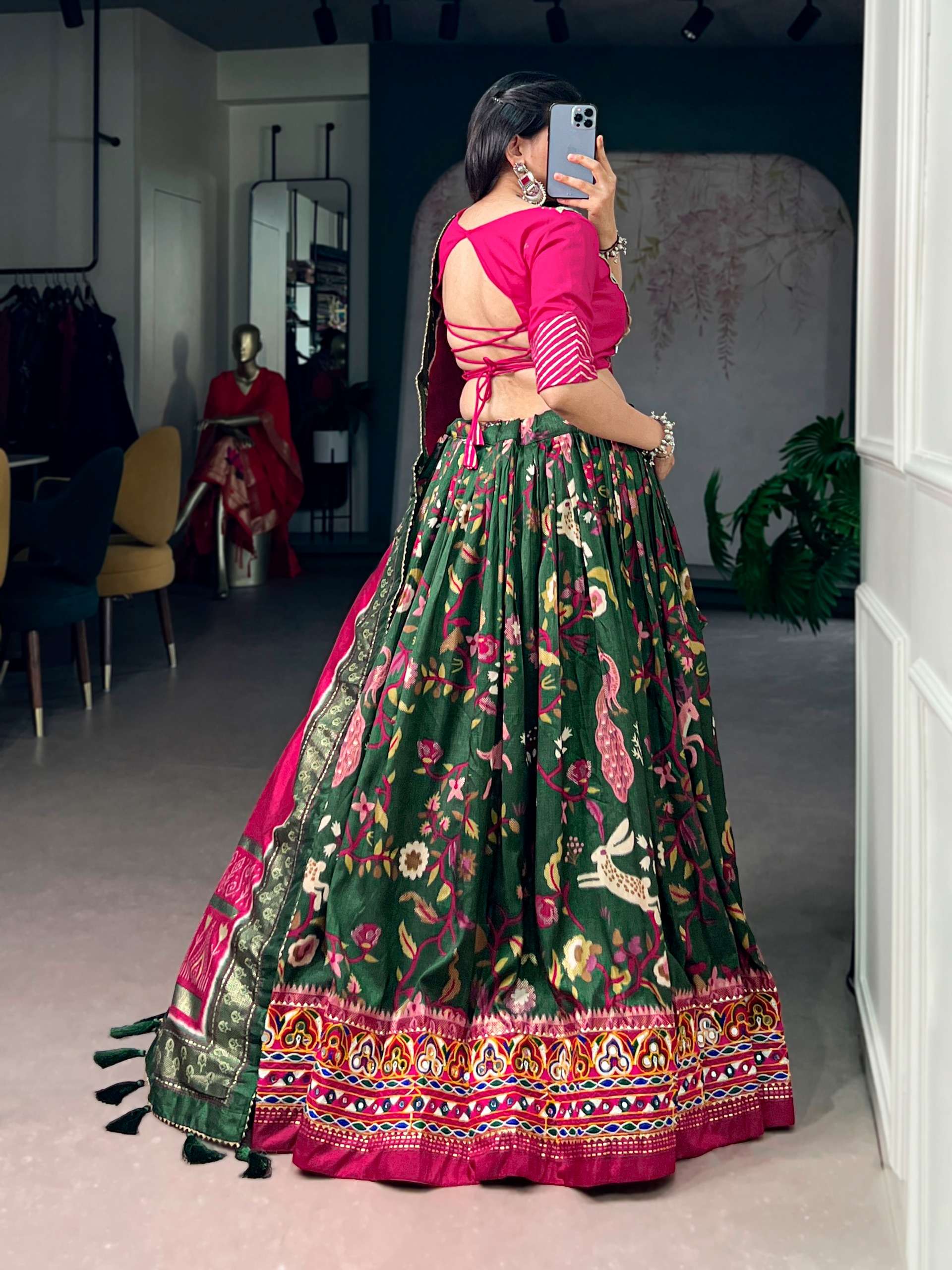 Crazycloths 23017 Tasar Silk Foil Print & Mirror Work Navratri Lehenga ...